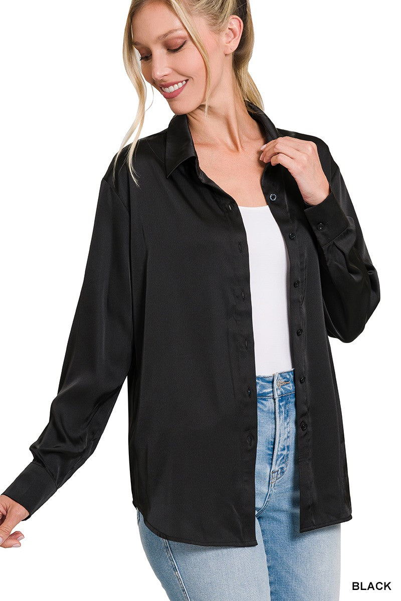 Satin Charmuese Button Front Shirt – THEKLOSETKOUTURE.COM