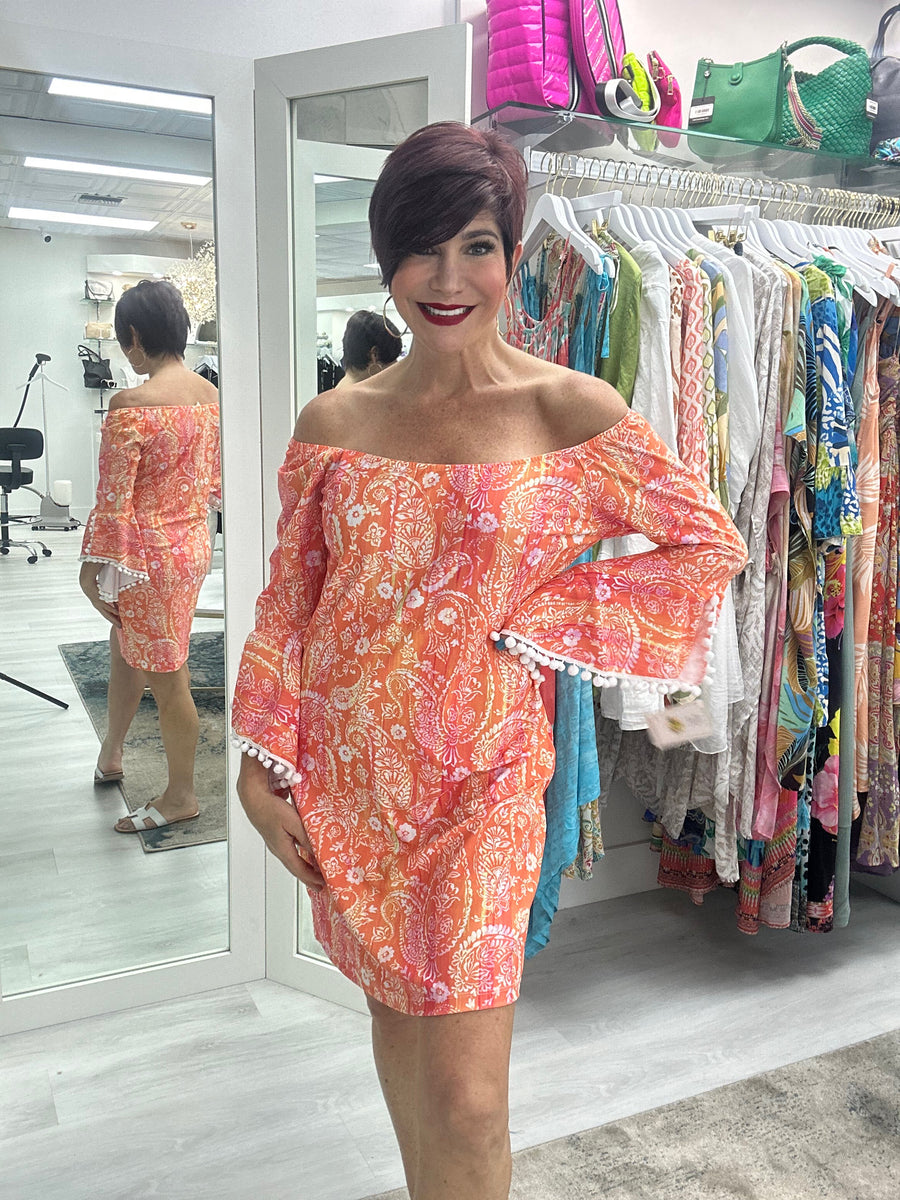 Michelle Orange Batik Dress with Pom Pom 2" longer – THEKLOSETKOUTURE.COM